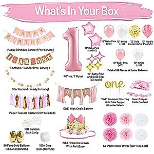 1st Birthday Girl Decorations WITH Birthday Crown- Baby First Birthday Decorations Girl - Pink and Gold Party Supplies - One Balloon, Heart and Confetti Balloons, Happy Birthday Banner ONE Cake Topper