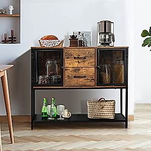 PETSITE Sideboard Buffet with Storage Cabinet, Industrial Coffee Bar Console Table Credenza with Mesh Doors, Drawers & Shelf for Kitchen Entryway, Rustic Brown