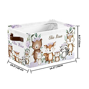 Woodland Animals Purple Flower Personalized Storage Bins,Foldable Baskets Organizer with Handle for Nursery Pet Toy Clothes Box 1 Pack