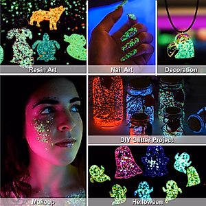 Glow in The Dark Glitter, LET'S RESIN 12 Colors Luminous Chunky Glitter, 0.42oz/Bottle High Luminance Glitter, Chunky Glitter for Resin, Nail, Slime, Tumblers, Halloween