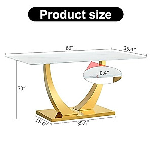 Goderfuu Glass Dining Table for 6 People, 63 inch Modern Kitchen Table with Gold Metal U-Base, White Marble Textured Glass Dining Table Pedestal Dinner Table, Faux Marble Dining Table for Dining Room