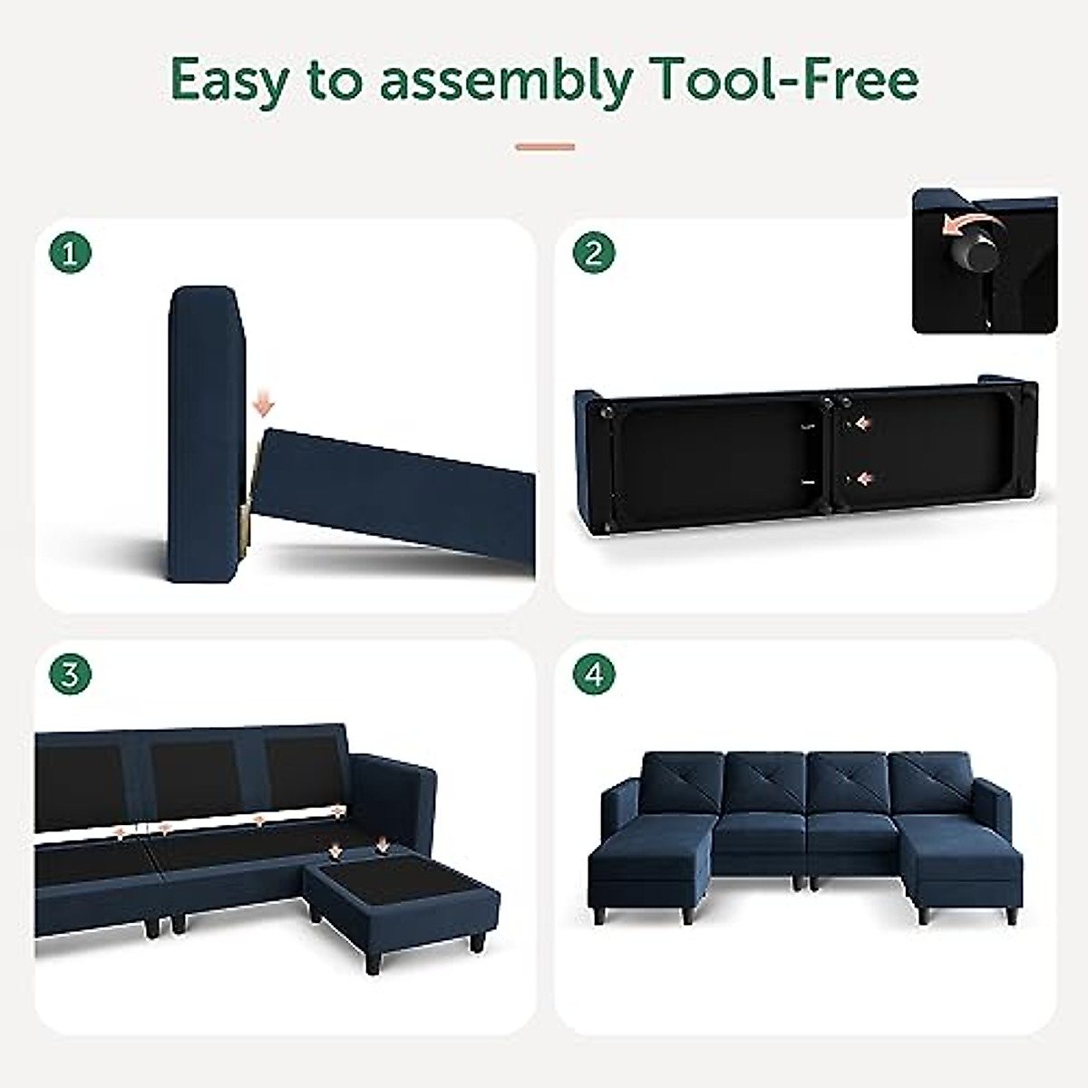 HONBAY Velvet Sectional Sofa with Chaise U Shaped Sectional Couch 4 Seat Sofa for Living Room, Dark Blue