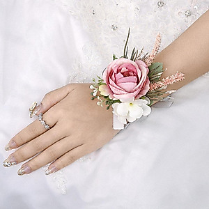 Campsis Set of 2 Wedding Bridal Handmade Flower Wrist Corsage Pink Ribbon Leaves Bride Wristlet Bridal Bridesmaid Hand Flower Prom Party Beach Photography
