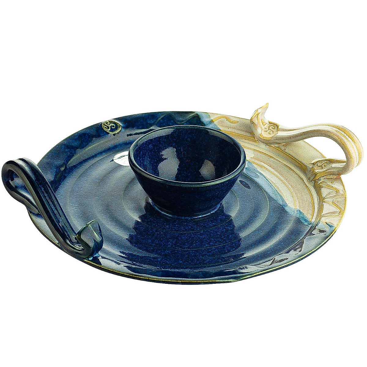 Castle Arch Pottery Handmade Party Platter with Dip Bowl. 9” Diameter Serving Plate with Celtic Spiral Logo. Original Irish Design Hand-Glazed for Durability and Quality of Finish (Blue)