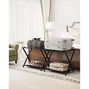 Hzuaneri Luggage Rack, Folding Suitcase Stand for Guest, Foldable, Luggage Holders with Shelf, Steel Frame with Nylon Straps for Bedroom, Hotel, Holds up to 154 lb, Black, 2 Pack LR03901B