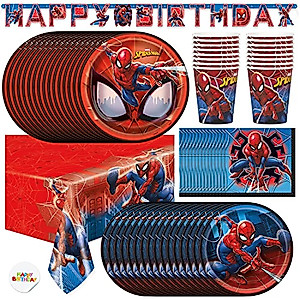 Spiderman Party Supplies | Spiderman Birthday Party Supplies | Spiderman Plates, Birthday Napkins, Paper Cups, Spiderman Tablecloth, Spiderman Birthday Banner | Marvel Superhero Birthday Party Supplies Serves 16