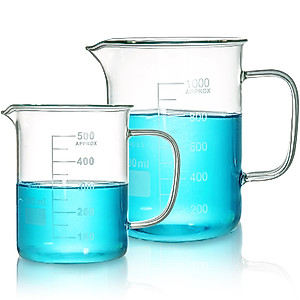 Yarlung Set of 2 Glass Beaker with Handle, Graduated Measuring Beakers Thick Boro 3.3, Griffin Low Form 500/1000ml