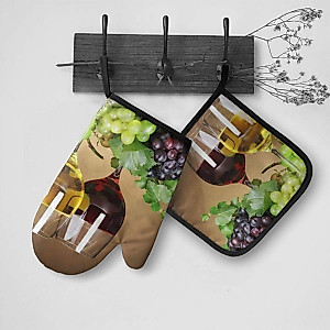 Grape Wine Red and White Oven Mitts and Pot Holders Sets,Heat Resistant Non-Slip Cooking Gloves with Cotton Lining for Kitchen Baking Grilling BBQ
