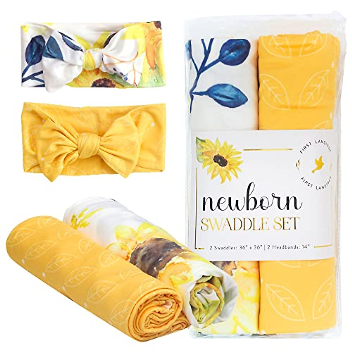 First Landings Newborn Swaddle Set - Matching Headband and Baby Blanket (Set of 2 Each) 36" x 36" Receiving Baby Blanket Boy and Girl - For Newborn Photography, Nursing Covers, Burp Cloths (Sunflower)