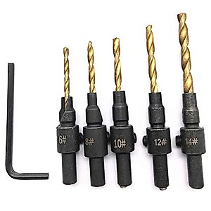 Titanium Coated Wood Countersink Drill Bit Set, 1/4” Round Shank, 6#8#10#12#14 HSS for Screw Pilot Hole Drilling, 5Pcs