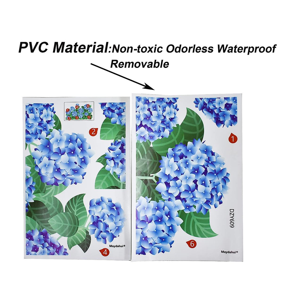 Maydahui Blue Hydrangea Flower Wall Decals Green Leaf Floral Wall Stickers (21.6x35.4 Inch) Removable Peel and Stick Art Murals Decor for Kids Bedroom Living Room TV Sofa Headboard Background