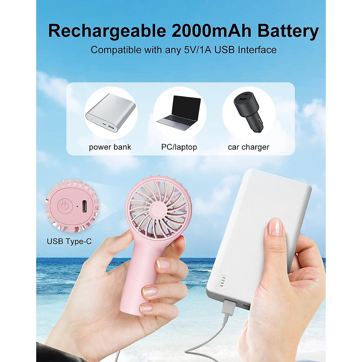 Zuvas Mini Portable Fan Rechargeable Small Handheld Fan 3 Speed Powerful Personal Fan Battery Operated USB Hand Fan for Outdoor Travel Makeup Eyelash Girls Children, Pink