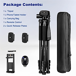 JOILCAN Camera Tripod, Heavy Duty Tripod for Camera, 67" Phone Tripod for Video Recording Photo Vlogging, Aluminum Phone Tripod with Remote & Travel Bag for DSLR Camera Phone Projectors Lasers