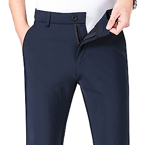 LUSHENUNI Men's Golf Pants Slim High Stretch, Ice Silk Dress Pants with Expandable-WAIS Pants (33, Blue)