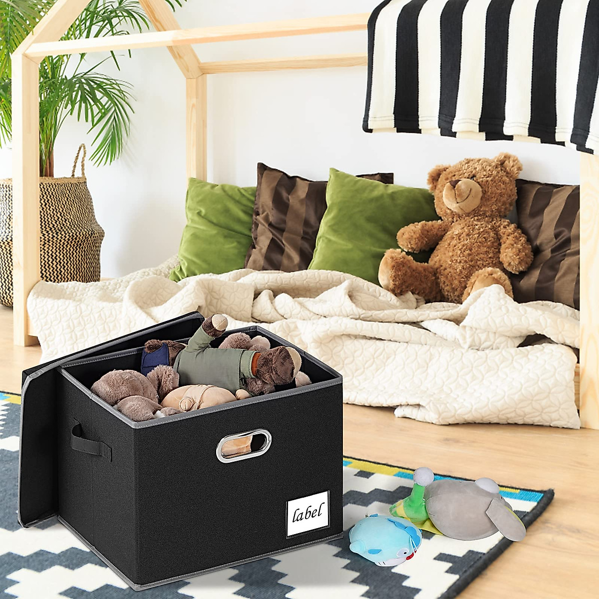 PFFVRP Extra Large Storage Bins with Lids, 16"x12"x12" Foldable Linen Fabric Storage Boxes with Lids, Storage Basket with Lid with Handles and Label, Storage Bin for Living Room Closet Office (Black)