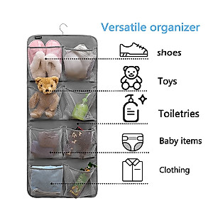 ANZORG Dual-Sided Hanging Closet Organizer for Socks Underwear Bra Kids Storage Organizer for Baby Clothes Toddler Shoes with 26 Pockets (Grey-Mesh Pockets)