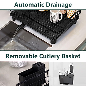 AIDERLY Dish Drying Rack with Drainboard Dish Drainers for Kitchen Counter Sink Adjustable Spout Dish Strainers with Utensil Holder and Knife Slots, Black