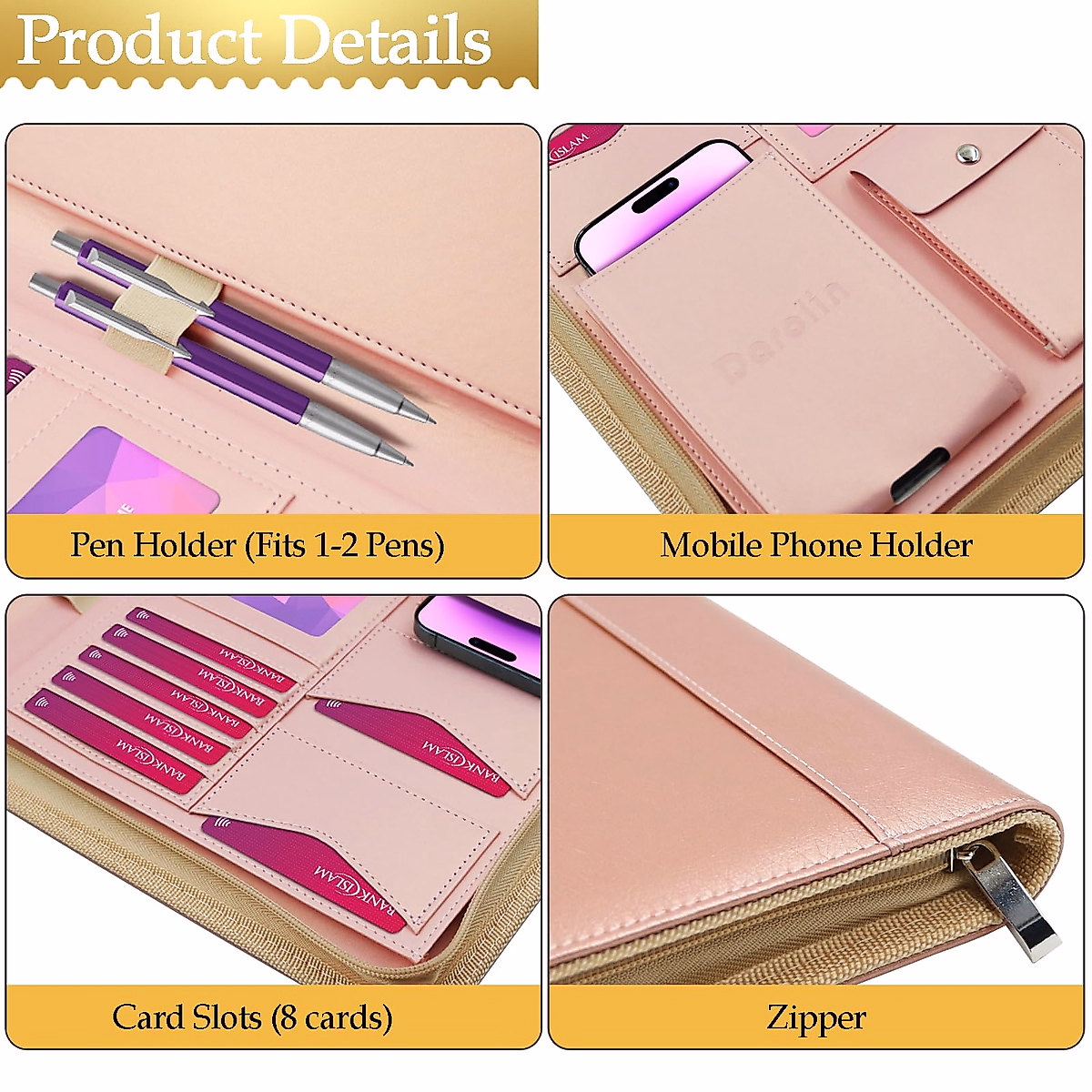 Darolin [Zippered] Portfolio Padfolio Organizer Binder with Clipboard, Leather Business Interview Resume Document Holder Folder Planner Organizer for Office Conference Notepad Bag for Women - RoseGold