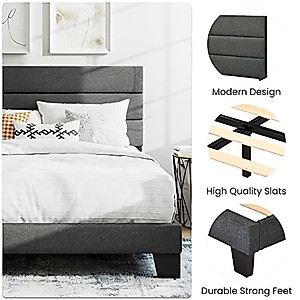 SHA CERLIN Full Platform Bed Frame with Upholstered Fabric Headboard, Mattress Foundation with Strong Wooden Slats Support, No Box Spring Needed, Grey