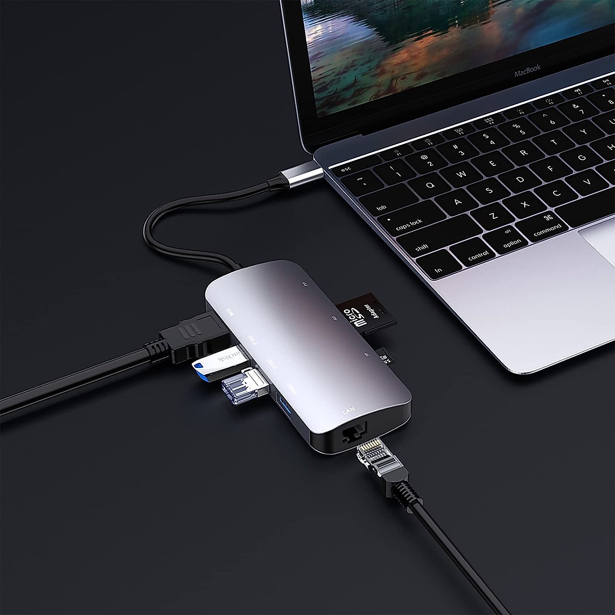USB C Hub, USB C Ethernet, Gigabit Ethernet 8-in-1,GIGABIT 1000M Rj45,PD 60W Fast Charging,4K HD-MI,3*USB3.0 up to 5Gbps Data Transfer,SD/TF Card Reader, USB C Hub_Flat
