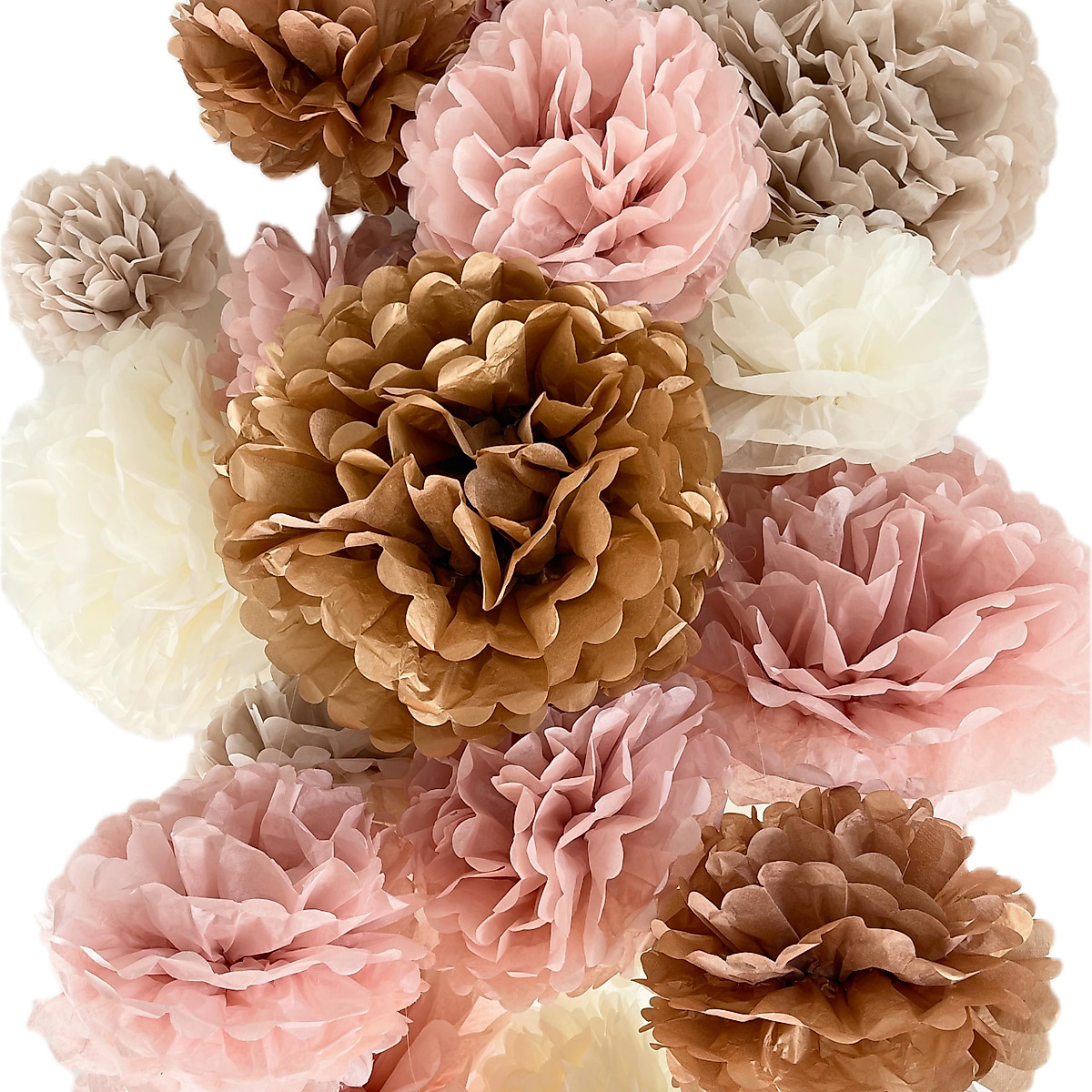 Vidal Crafts 20 PCS Dusty Pink, Rose Gold, Ivory, Pastel Grey, Tissue Paper Pom Poms Kit, 14", 10", 8", 6", Tissue Paper Flowers for Wedding, Birthday, Bridal Shower, Bachelorette, Baby Shower Décor