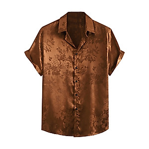 Floerns Men's Floral Jacquard Short Sleeve Button Front Satin Shirt Blouse Top Brown XL