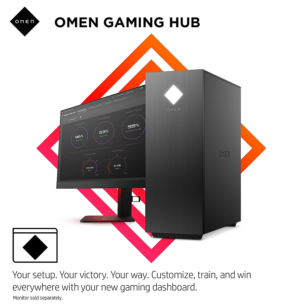 OMEN - GT12-0030 25L Gaming Desktop PC, AMD Radeon RX 5500, AMD Ryzen 7 3700X, HyperX 16GB DDR4 RAM, 512GB PCIe NVMe SSD, Windows 10 Home, VR Ready, RGB Lighting (GT12-0030, 2020 Model) Shadow Black