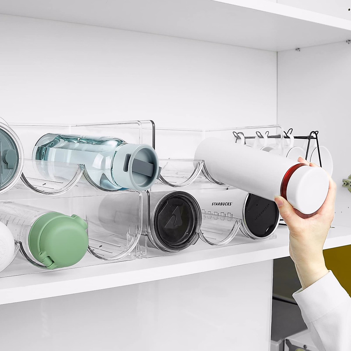 Puricon Plastic Water Bottle Organizer Rack, Stackable Bin Holder for Insulated Tumbler Sports Flask Bottles Kids Water Bottle Travel Mug for Kitchen Cabinets Countertop Holds 9 Bottles, 3-Tier