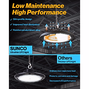 Sunco 6 Pack UFO LED High Bay Light, Plug & Play Lighting for Warehouse, 5000K Daylight, 200W, Power Cord Included, 28000 LM, 120VAC, IP65 Waterproof Shatterproof Fixture - UL Listed