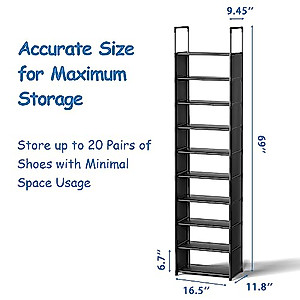 Shoe Rack Narrow Shoe Rack 10 Tiers Tall Shoe Rack for Entryway, Metal Shoe Rack Holds 20-22 Pairs, Stackable Shoe Stand Vertical Shoe Tower for Entryway, Closet, Garage, Bedroom, Cloakroom, Black
