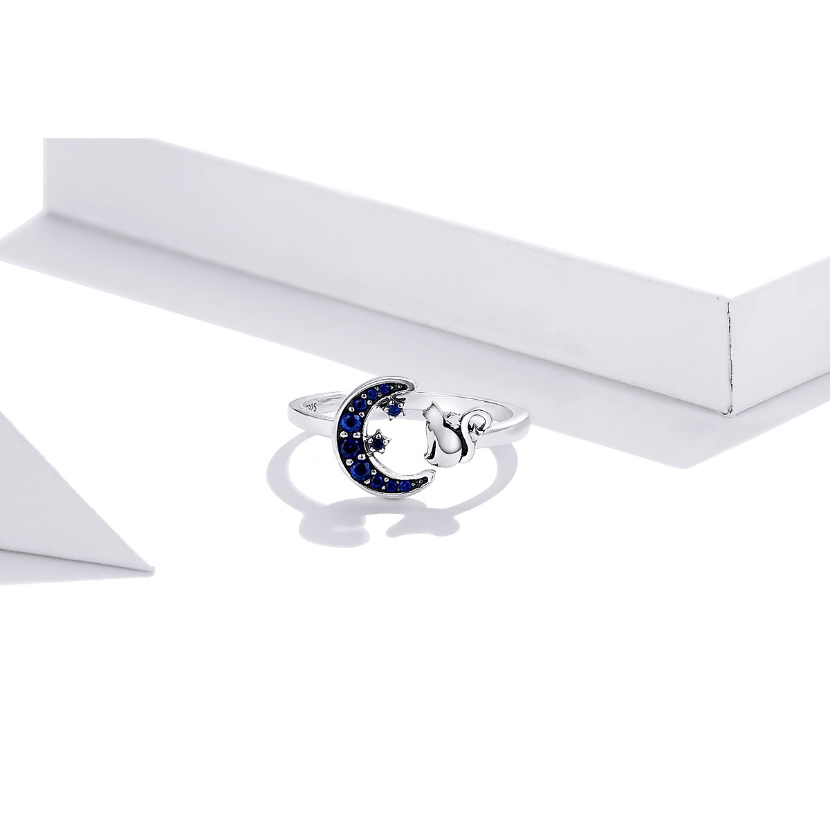 RUKYF 925 Sterling Silver Cubic Zirconia Cat Star Moon Butterfly Ring Cute Rings Adjustable Dainty Rings for Women Cat Gifts for Cat Lovers