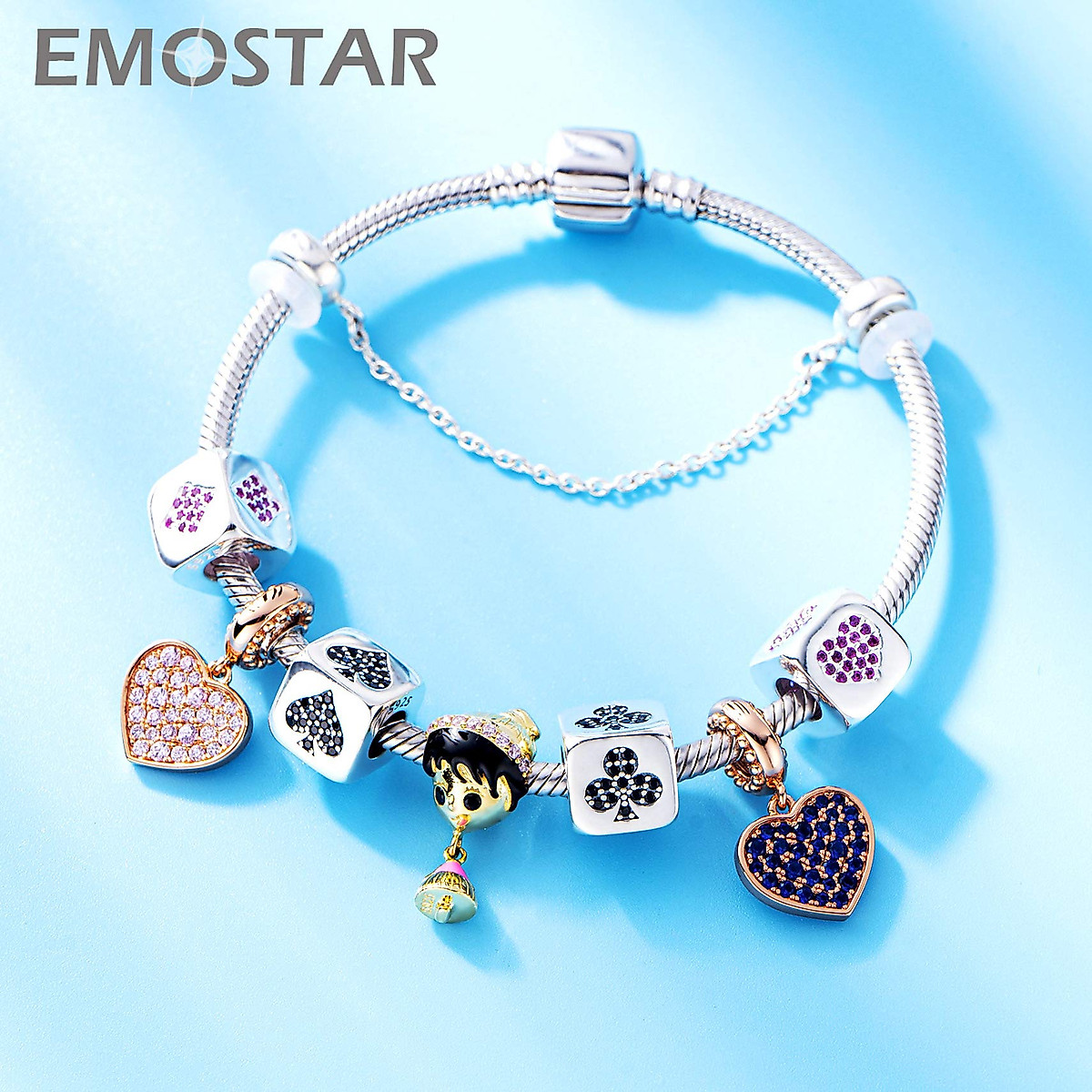 Dice Spades Symbol with CZ of Poker Charms, fit Pandora Mothers Day Bracelet, 925 Sterling Silver Four Suits in Cards Black Heart Beads, Gifts for Spring/Christmas/Valentines