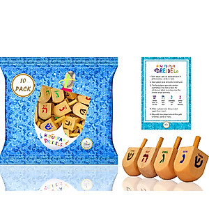 The Dreidel Company Wood Hanukkah Dreidels with English Transliteration & Instruction Cards (10-Pack)