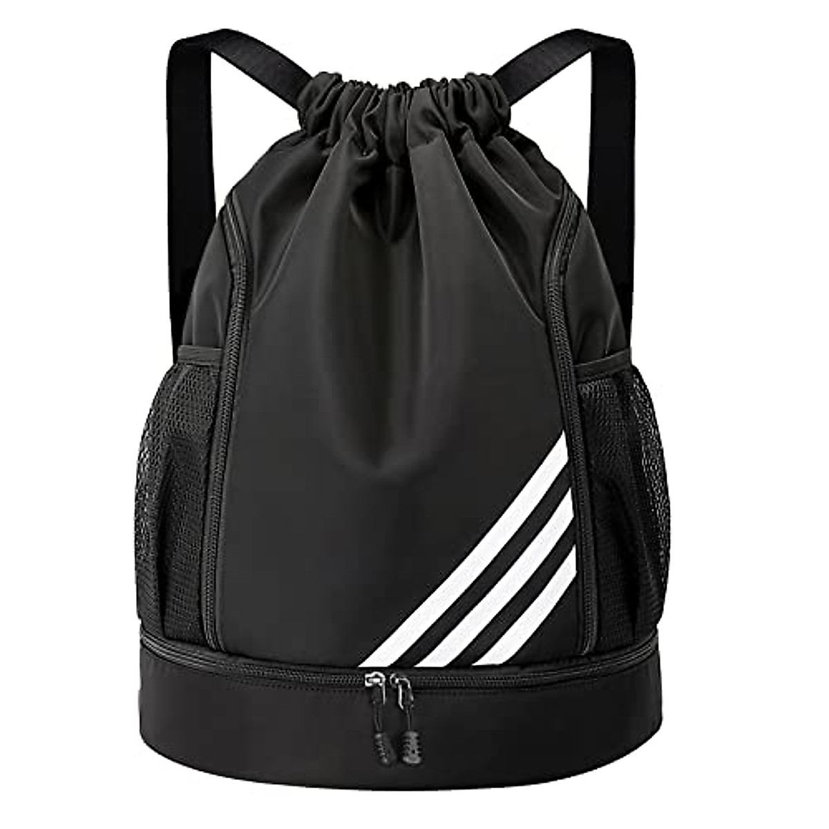 Oziral Drawstring Backpack Water Resistant String Bag Gym Sports with Shoe Compartment Side Mesh Pockets for Women Men (Black)