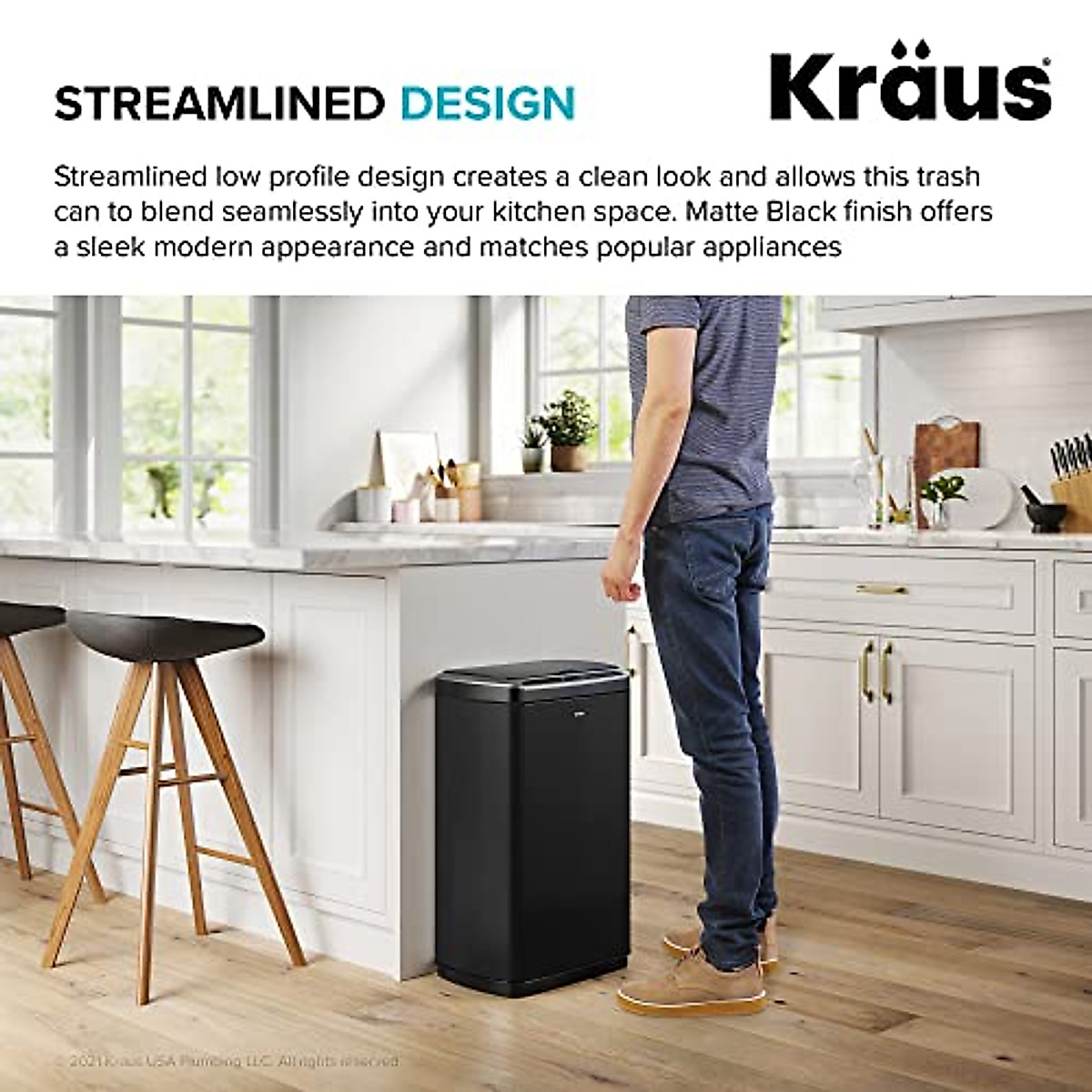 Kraus KTCS-10MB GarbagePro Rectangular 13 Gallon Hands-Free Motion Sensor Trash Can Battery Operated in Matte Black Finish with SoftShut Touchless Lid