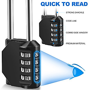 Combination Lock, 4 Digit Combination Padlock for School Gym Sports Locker, Fence, Toolbox, Case, Hasp Cabinet Storage (Long Shackle, 2 Pack, Blue & Black)