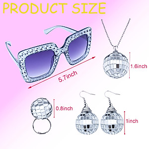 Tongnian Disco Ball Cowboy Hat, 1970s Disco Accessories Set Silver Cowgirl Hat with Disco Ball Necklace, Earrings, Ring and Sunglasses for Women Party