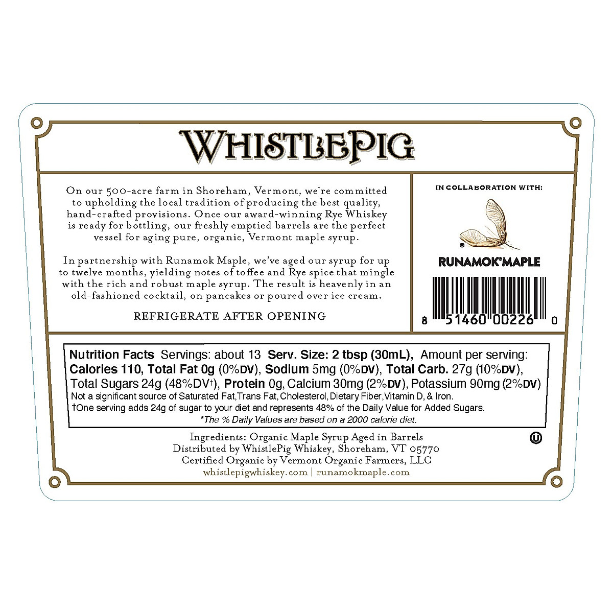 Runamok Maple & WhistlePig Organic Rye Whiskey Barrel-aged Maple Syrup 375 ml | 12.7 FL oz