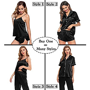 SWOMOG Womens 4pcs Pajamas Sets Sexy Cami with Button Down Short Sleeve Shirt Pjs Silk Satin Sleepwear Loungewear A-black