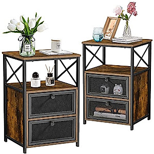 VECELO Modern Night Stand, End Side Table with Storage Space and Door, Nightstands with Flip Drawers for Living Room,Bedroom,Lounge,Set of 2, Brown