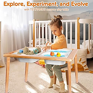 TERRAMUS Kid's Table, Toddler Sensory Table, Play Sand & Water Table with 3 Toy Storage Bins, Wooden Children's Desk for Art, Study, Drawing,Dinning, Activity Table Indoor Outdoor,Gifts for Boys Girls