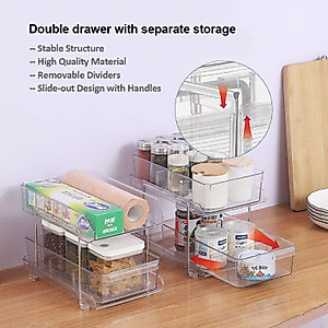 2-Tier Clear Organizer with Sliding Storage Drawers, Baskets, with Handles and Dividers for Kitchen, Closet, Kitchen Pantry Medicine Cabniet Storage Bins Bathroom, and Office, BPA Free (2 Pack)