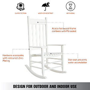 HOMESTEAD Wooden Rocking Chair Outdoor Furniture - Acacia Solid Wood White Rocking Chair Front Porch Furniture - FSC Certified Hardwood Indoor & Outdoor Adirondack Rocking Patio Rocker Porch Chairs