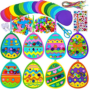 24 Sets Easter Egg Ornaments Decorations DIY 3D Easter Craft Kits Assorted Foam Easter Egg Shaped Ornaments Easter Stickers Pom-poms for Kids Party Favors Easter Spring Classroom Activity Art Project