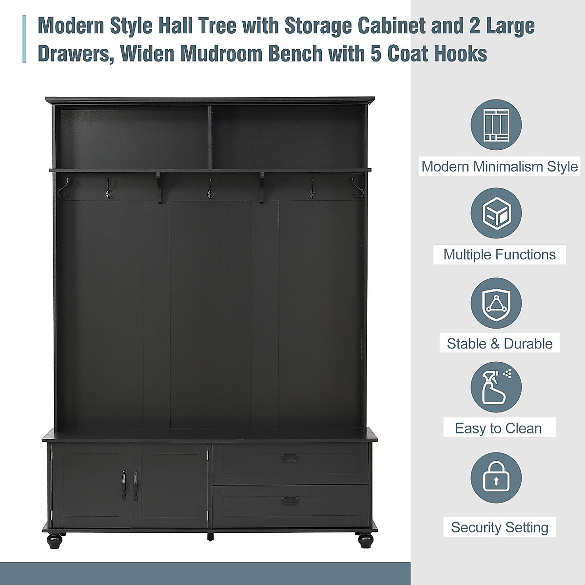Wide Hall Tree with Storage Bench Coat Rack with Cabinet and 2 Drawers Wooden High Back Mudroom Bench with 5 Hooks for Mudrooms Organization Entryway Living Room, Black