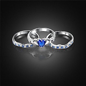 Uloveido Female Blue Love Heart Friendship Ring - Bridal Silver Color Stacking Wedding Engagement Rings Set - Best Promise Rings for Her HR314-8