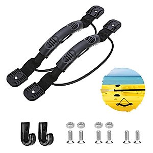 WILLWIN 2 Pcs Kayaks Canoe Side Mount Handles Replacement with Bungee Cord Paddle Holder Accessories + 2 Pcs J Hook with Hardware Kit for Luggage Handle, Cooler Handle, Incubator Handle