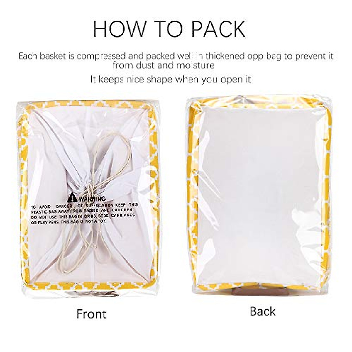 Sea Team Moroccan Lattice Pattern Canvas Fabric Storage Basket Collapsible Geometric Design Storage Bin with Drawstring Cover and PU Leather Handles, 16.5 by 11.8 inches, Waterproof Inner, Yellow