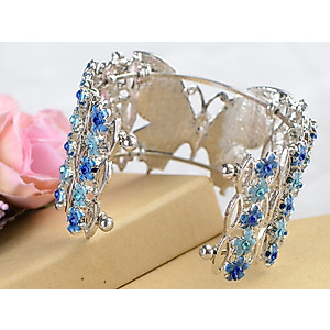 Alilang Silver Tone Blue Enamel Floral Crystal Rhinestone Flower Butterfly Cuff Bangle Bracelet
