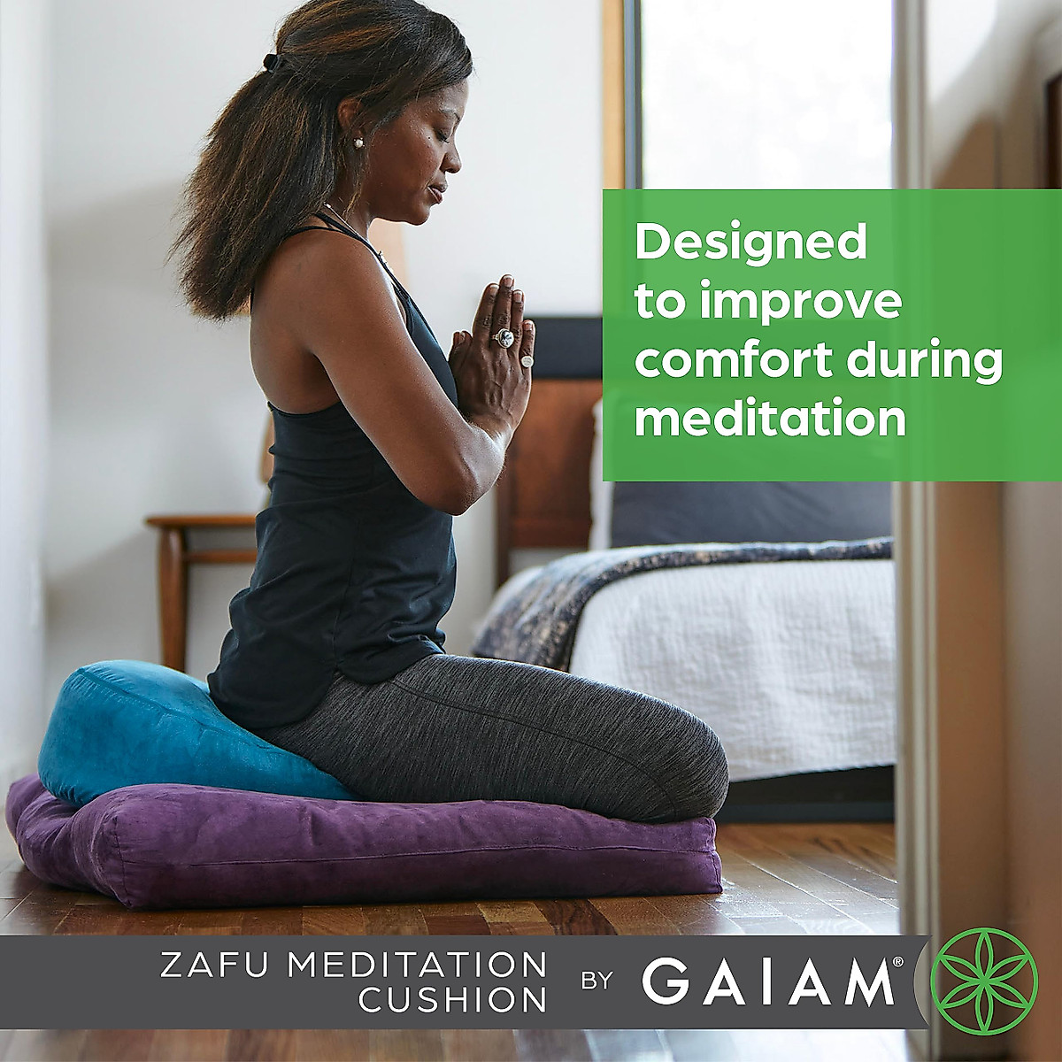 Gaiam Zafu Yoga Meditation Cushion - Ergonomic Buckwheat Hull Floor Pillow for Posture Support, Tailored Comfort with Adjustable Filling, Carry Handle, Versatile for Pilates and Relaxation - Teal